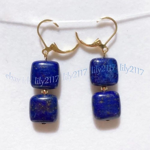 12mm Natural Blue Lapis Lazuli Square Gems Beads Dangle Gold Leverback ...