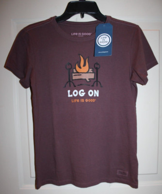 NWT Life is Good Log On Fireplace Women's XS Crusher Mahogany Brown S/S ...