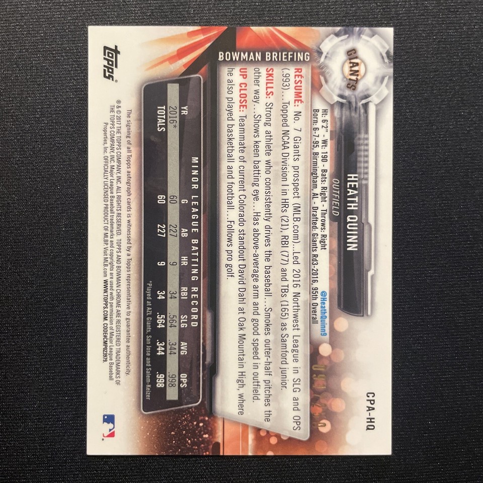 HEATH QUINN giants 2017 Bowman Chrome Purple Refractor AUTO 091/250 (BB5) | eBay