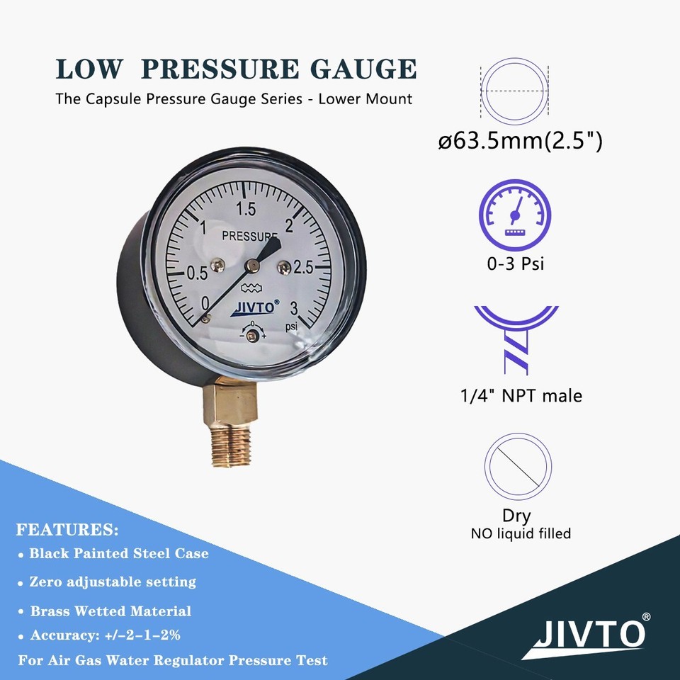 Low Capsule Pressure Gauge, 0-3 PSI,2-1/2" Face Dial, 1/4" NPT Lower ...