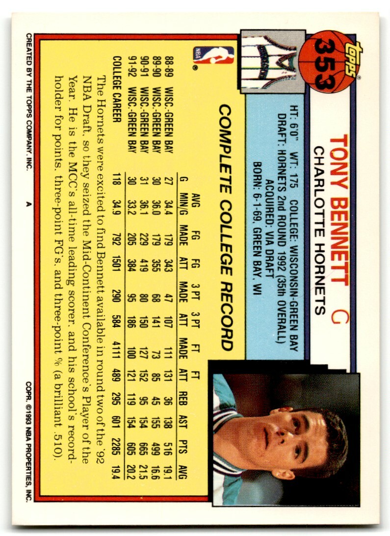 1992-93 TOPPS TONY BENNETT RC CHARLOTTE HORNETS #353 | eBay