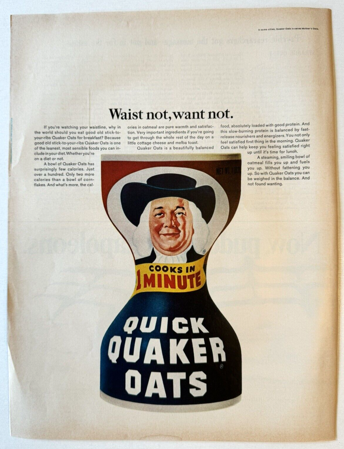 Vintage 1960s Quick Quaker Oats Advertising 14x11" Ephemera Art Kitchen ...