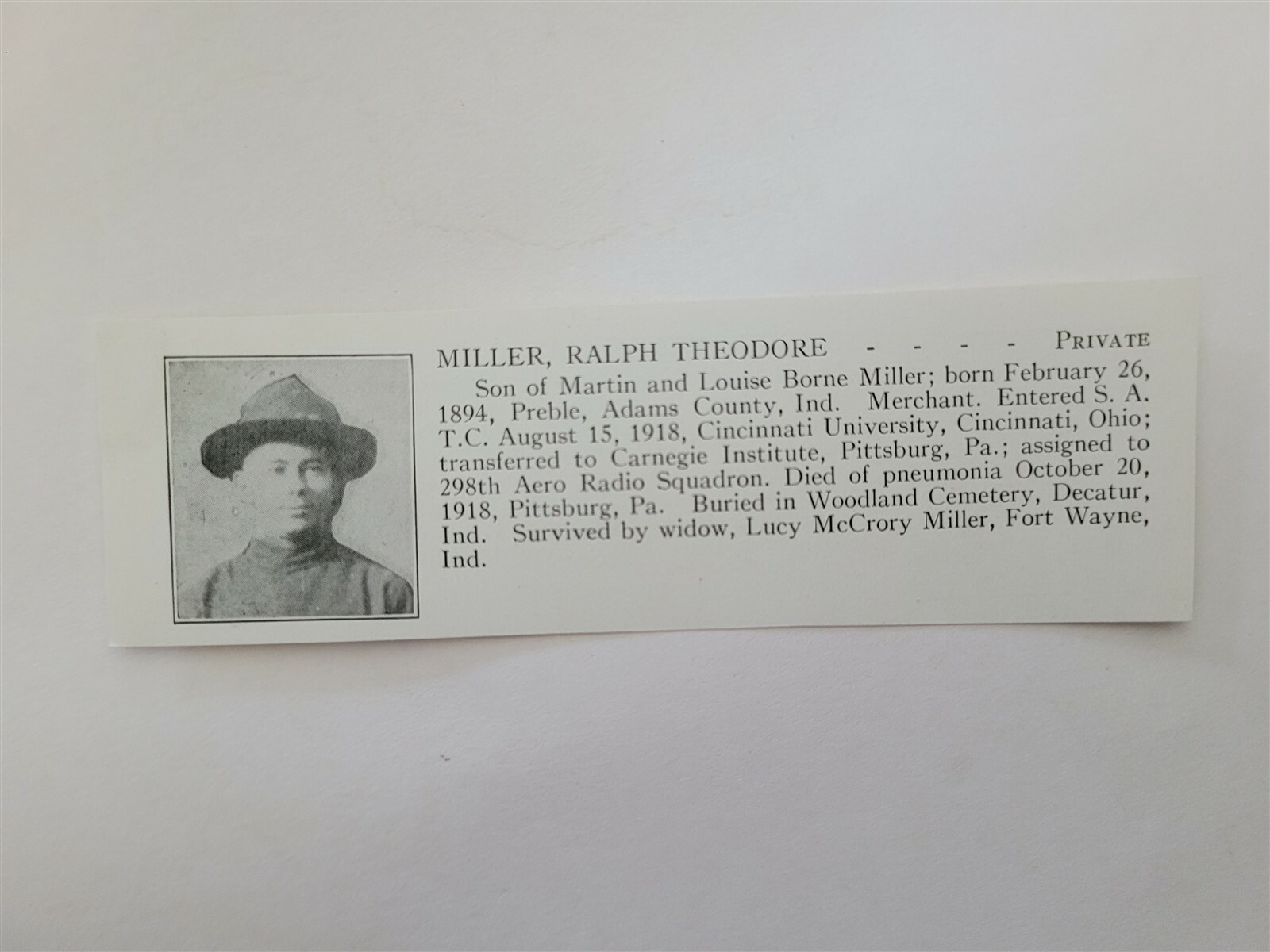 Ralph Theodore Miller Preble Indiana 298th Aero Squadron 1921 WW1 Hero ...