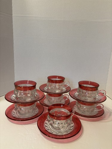 KINGS CROWN 7 CUPS & SAUCERS INDIANA GLASS RUBY THUMBPRINT | eBay