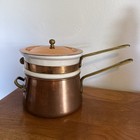 3 Pc Vtg Ceramic Double Boiler Insert Pot Copper Band Brass Handle ...