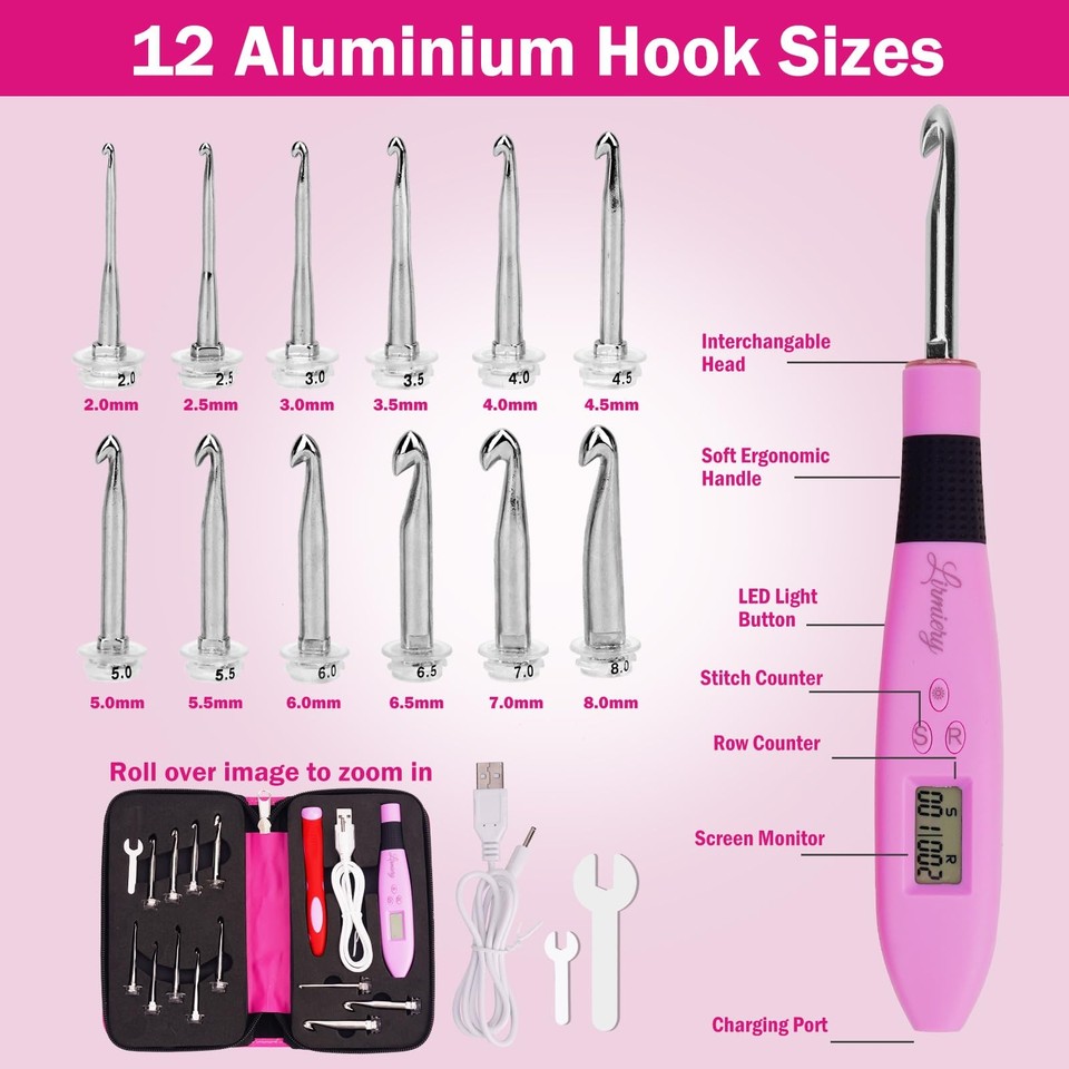 Counting Crochet Hook Set Digital Ergonomic Crochet Hook-LED and 2 ...