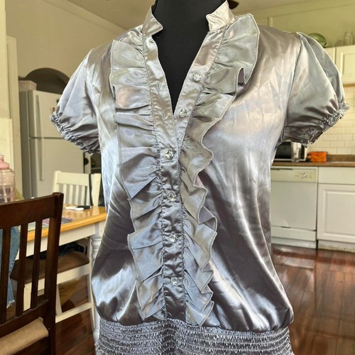 Silky Silver Ruffle Blouse | eBay