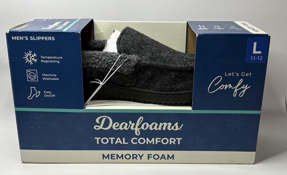 Dearfoams Mens Memory Foam Comfy Slippers Black Grey 11-12 New In Box ...
