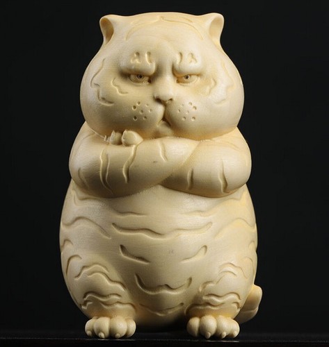 Wooden Cute Fat Tiger Statue Boxwood Carving Figurine Decor Collection ...