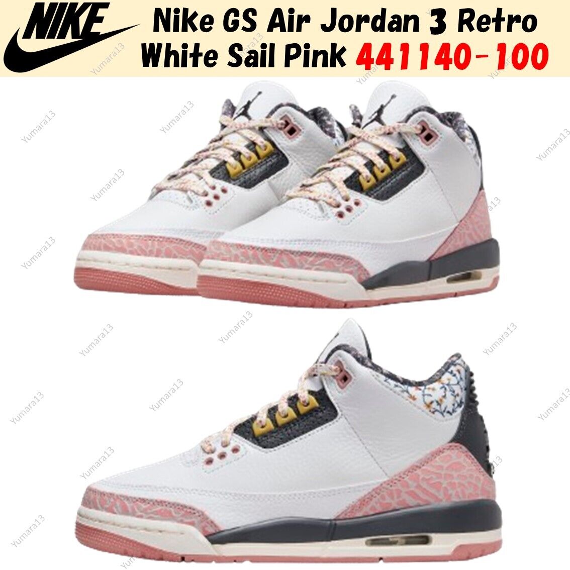 Nike GS Air Jordan 3 Retro White Sail Pink 441140-100 Size Nike GS Air Jordan 3 Retro White Sail Pink 441140-100 Size