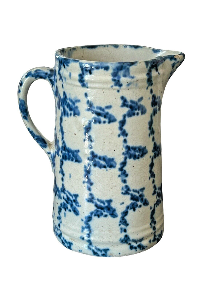 19th Century Spongeware 9" Pitcher Antique Decorated Chainlink Pattern ...