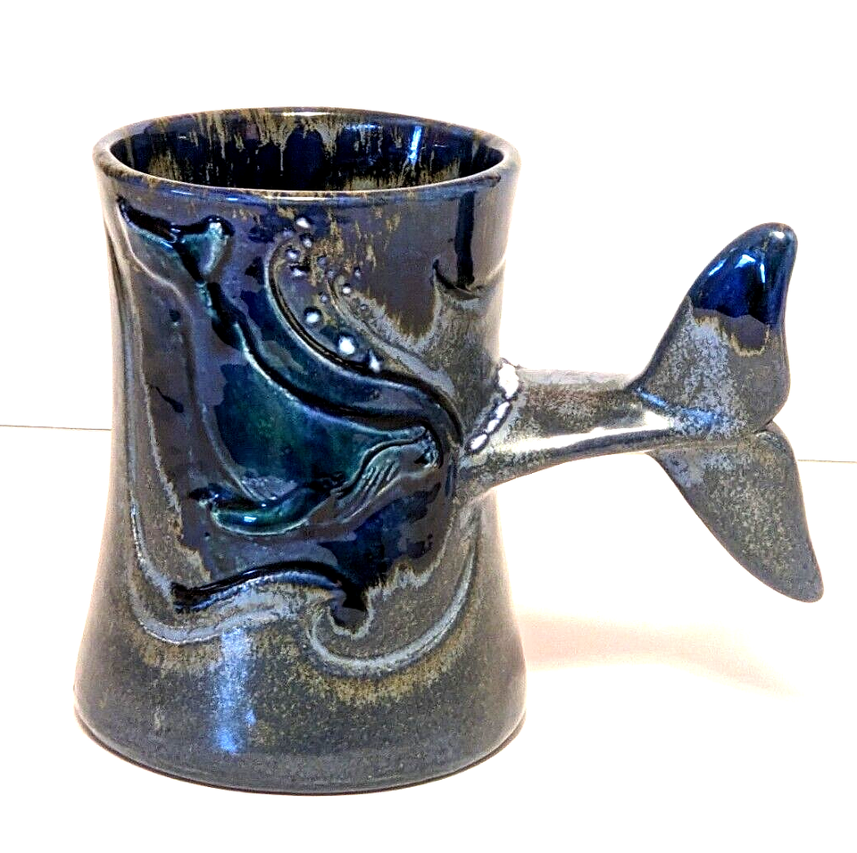 Vintage Doug Wylie Oversized Blue Whale Tail Mug Drip Glaze Tankard Sea ...