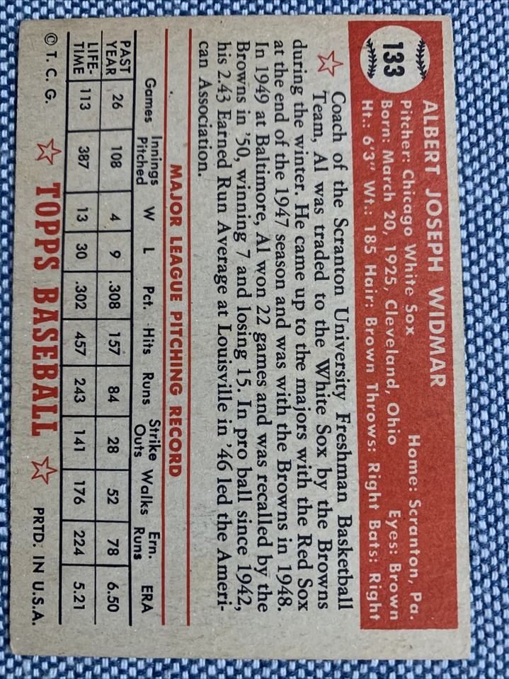 Al WIDMAR 1952 Topps Baseball #133 VG/EX Chicago White Sox | eBay
