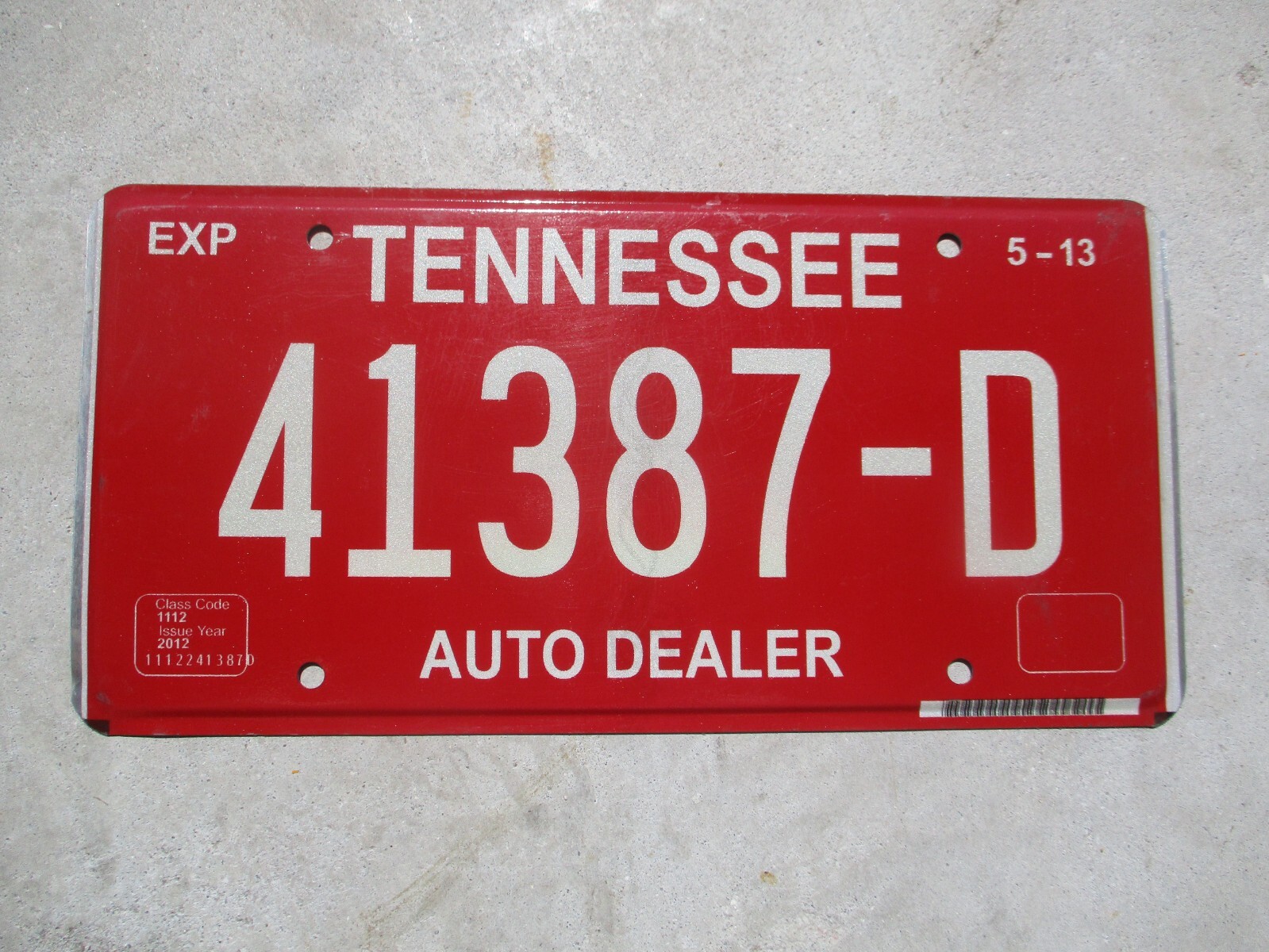 Tennessee 2013 Auto Dealer license plate # 41387 - D | eBay