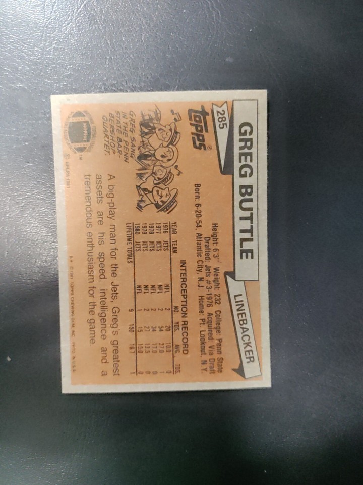 1981 Topps Football #285 Greg Buttle New York Jets NM free shipping | eBay