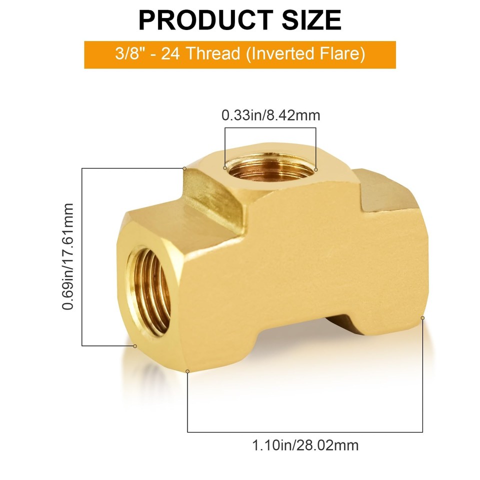 3/16 Brass Inverted Flare Brake Line Tee Fitting - Universal 3 Way ...
