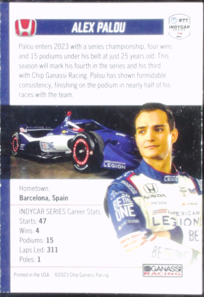 2023 Alex Palou Auto Indy Car Ganassi Racing Autograph Signed on Card ...