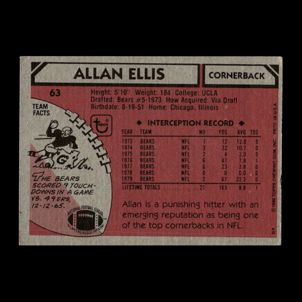 Allan Ellis 1980 Topps Chicago Bears #63 Vintage Football! | eBay
