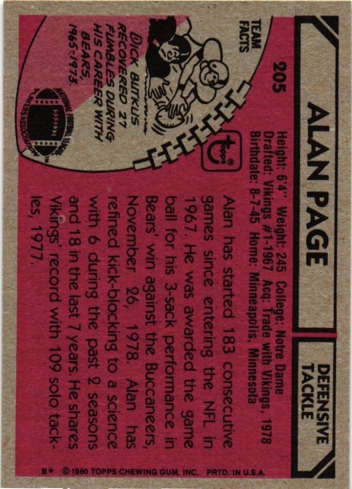 ALAN PAGE CARD # 205 FREE SHIPPING B11R3S4P3 | eBay