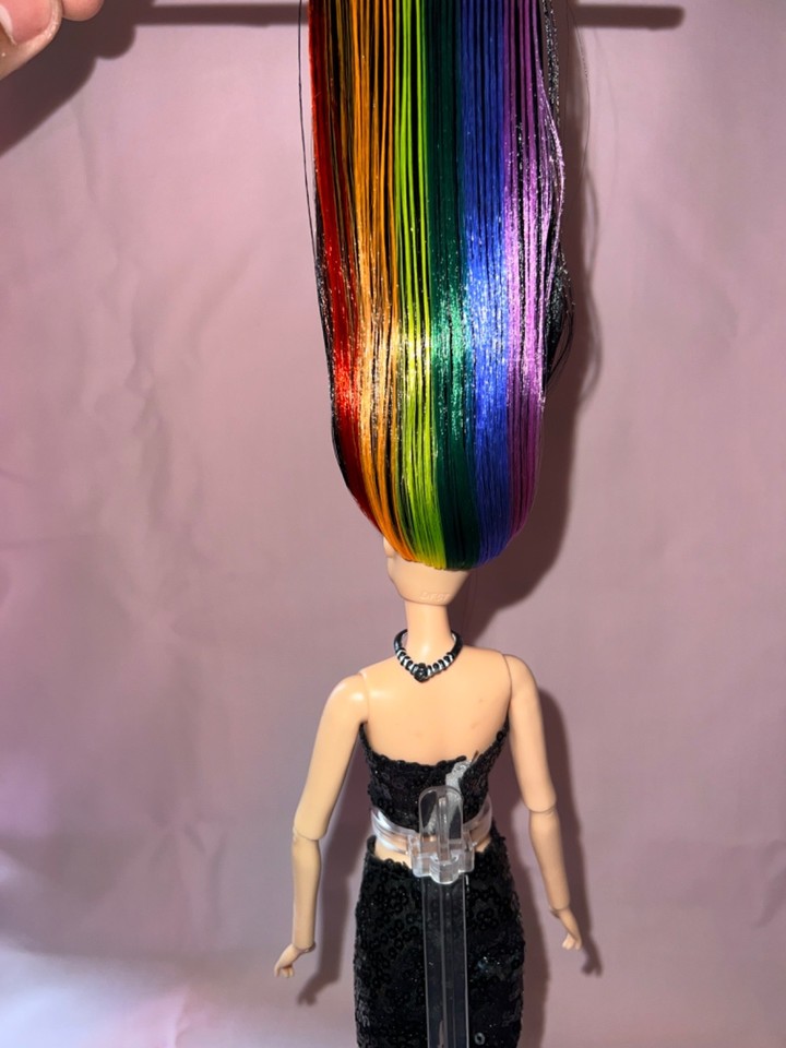 rerooted & restyled Defa Lucy Barbie doll Black/rainbow hair *READ ...