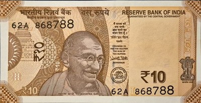 RARE TEN RUPEES, 10 RS INCREASING FANCY NUMBER 868788, UNC, 2017, INDIA ...