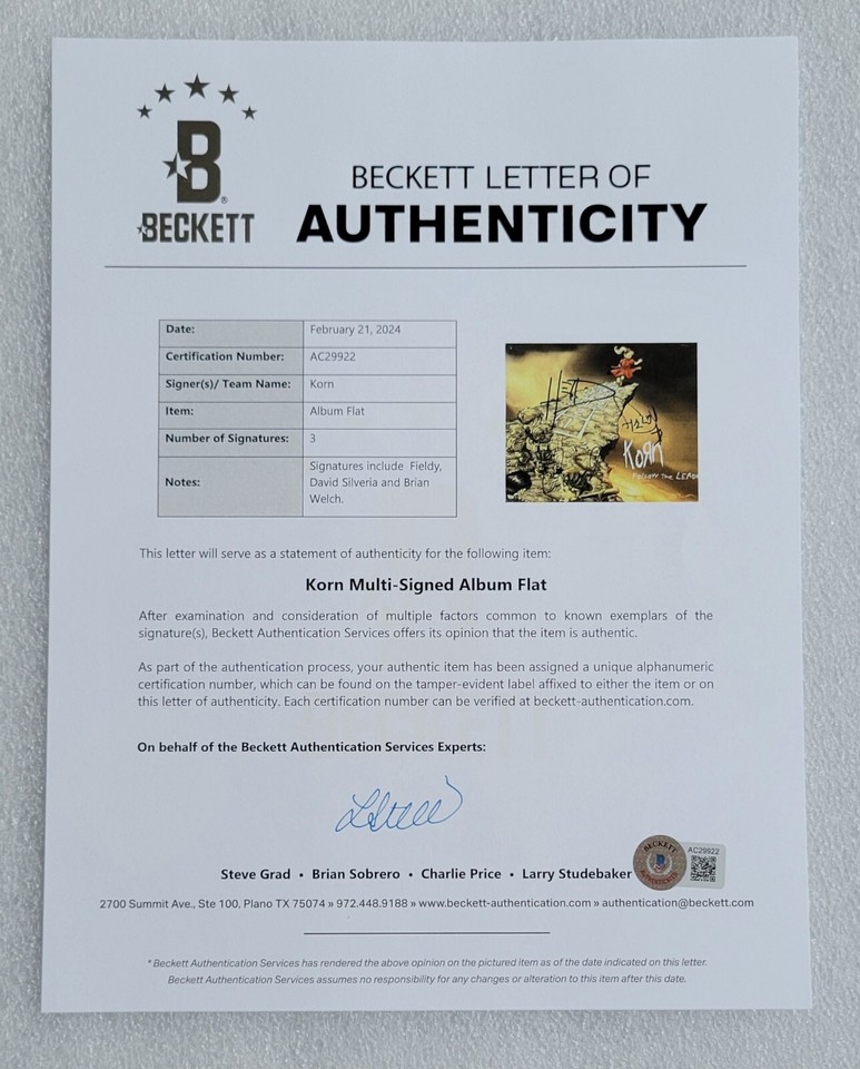 KORN SIGNED ALBUM FLAT BECKETT LOA BAS COA BAND AUTOGRAPHED FOLLOW THE ...