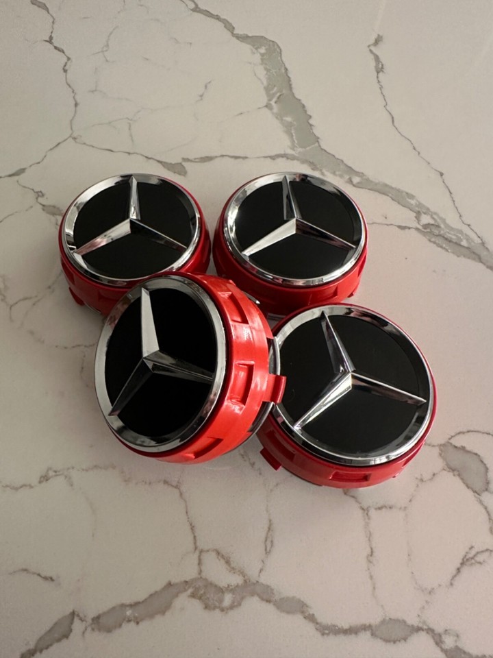 SET OF 4 MERCEDES BENZ RED CENTER CAP 75MM W/ CHROME STAR OEM ...