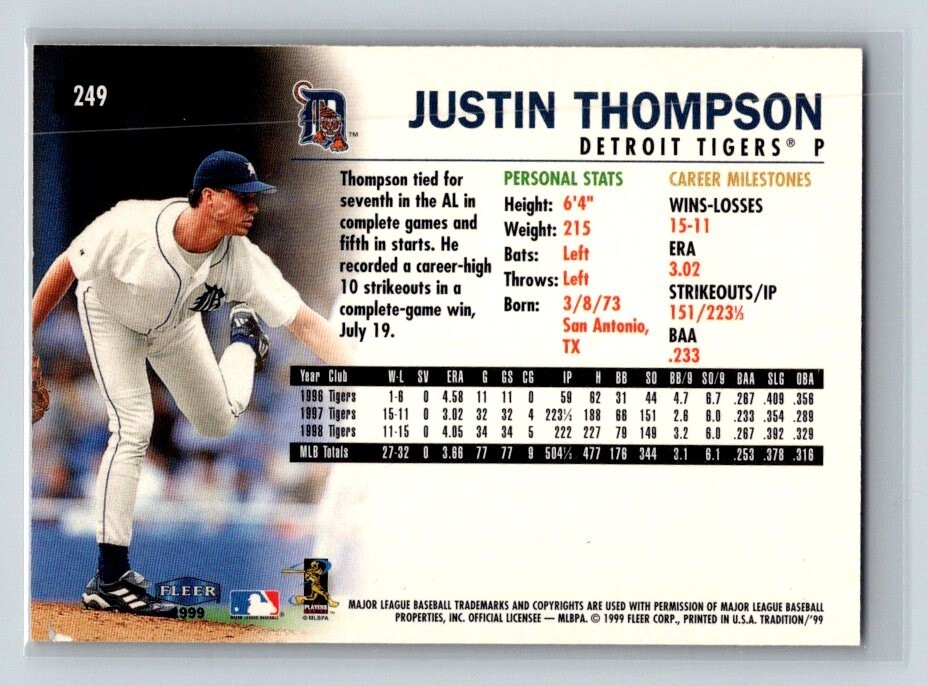 1999 Fleer Tradition #249 Justin Thompson Detroit Tigers Baseball Card ...