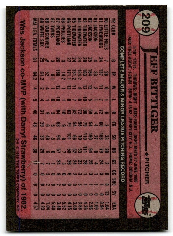 1989 Topps Jeff Bittiger Rookie Chicago White Sox #209 | eBay