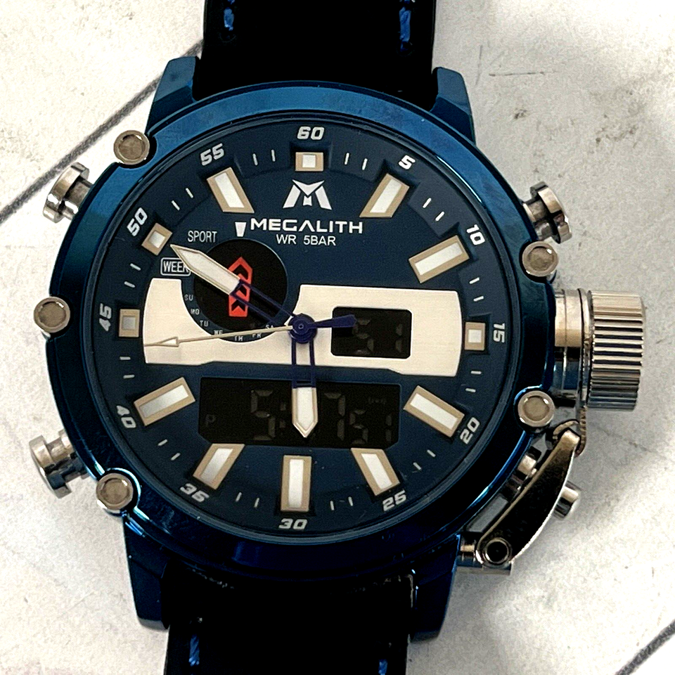 MEGALITH Genuine Leather Black Blue Military Stainless Steel Watch ...