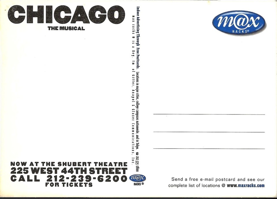 Chicago, The Musical, Postcard Ad, Shubert Theatre, New York City, 1997 ...