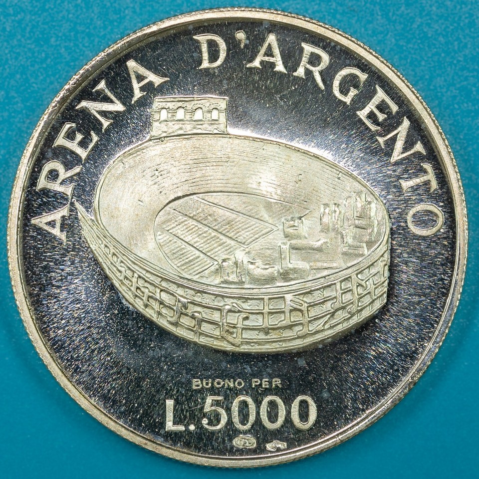 ARENA VERONA BUONO 5000 LIRE 1975 100 ANNIVERSARIO CARMEN PROOF ARGENTO ...