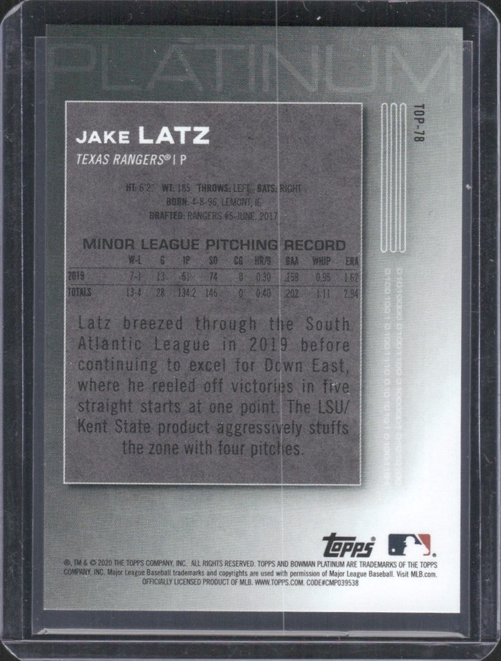 2020 Bowman Platinum #TOP-78 Jake Latz Top Prospects Blue #/150 | eBay