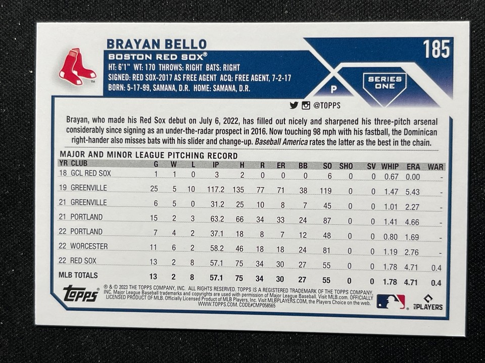 2023 Topps Series 1 Bryan Bello Boston Red Sox Rookie RC #185 | eBay