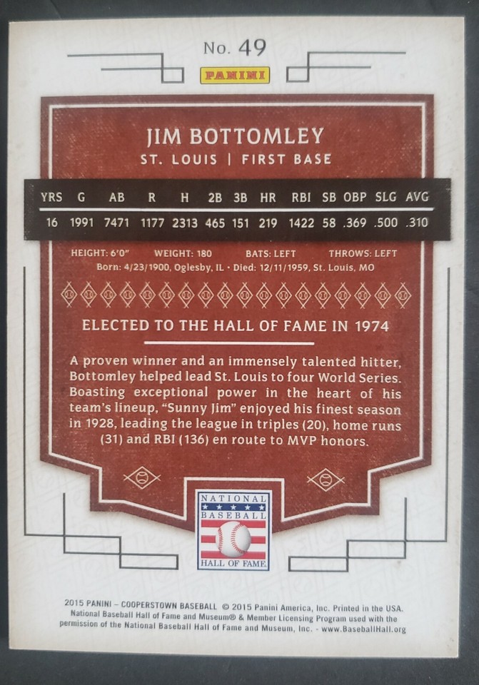 2015 PANINI COOPERSTOWN CHRONICLES JIM BOTTOMLEY #49 GREEN PARALLEL SP #/10 RARE | eBay