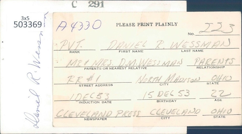 1953 Photo Private Daniel R Wessman Military Vintage Image Original ...