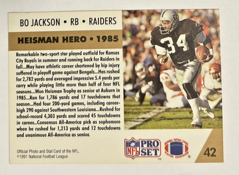Bo Jackson 1991 Pro Set #42 Heisman Hero NFL Football Insert Card ...
