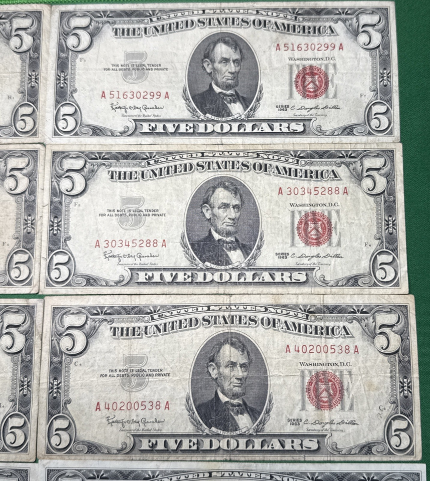 (Lot of 8) 1963 Five Dollar Bills + 1963 Two Dollar Red Seal United ...