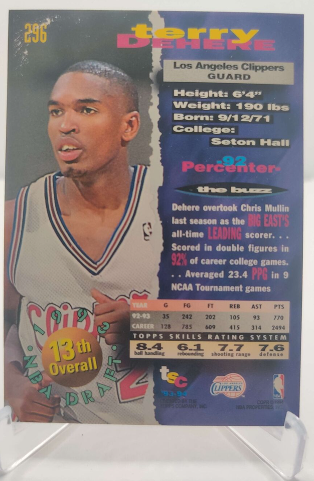 1993-94 Stadium Club #296 Terry Dehere Rookie RC Clippers Basketball ...