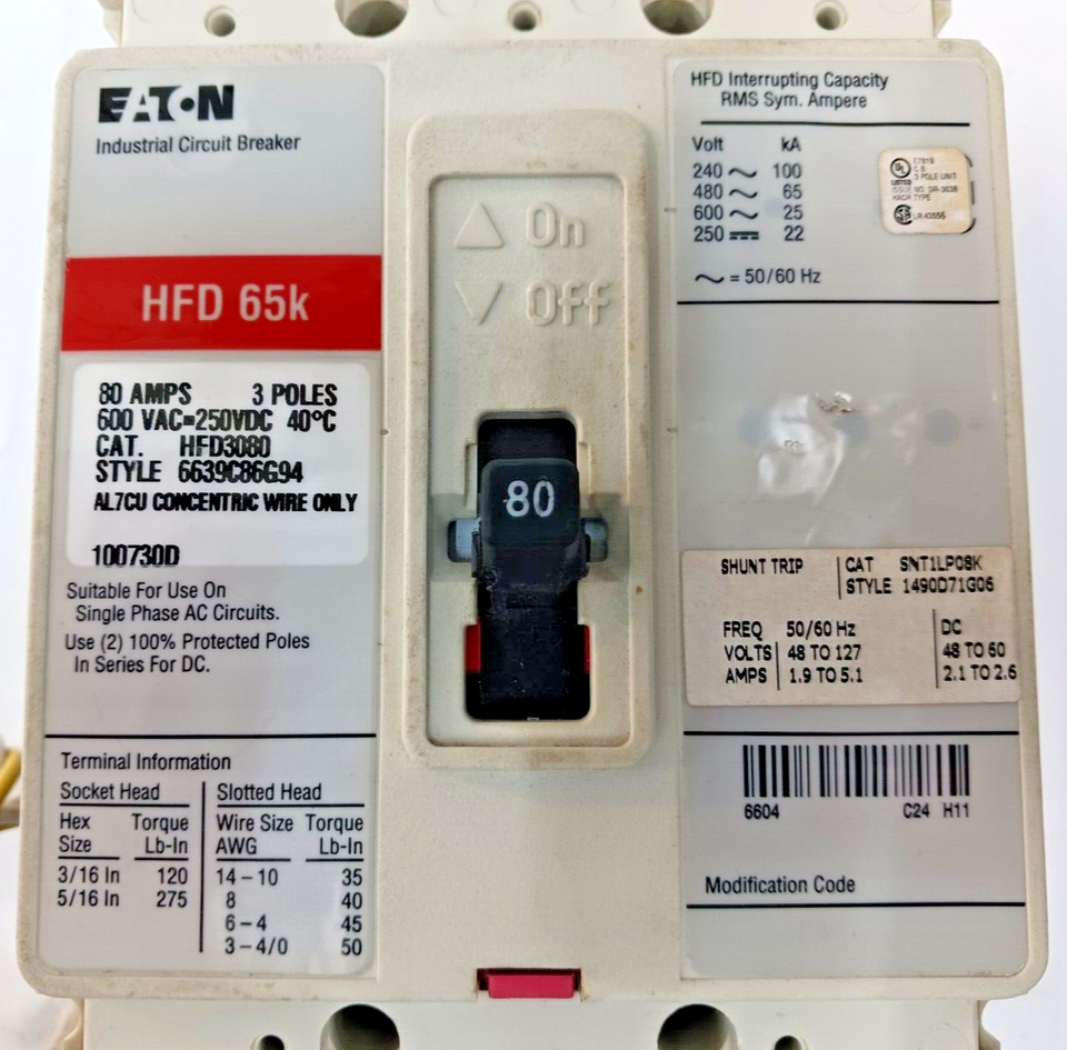 EATON 80 AMP CIRCUIT BREAKER 3 POLE 600 VAC HFD3080 W/ SHUNT TRIP | eBay
