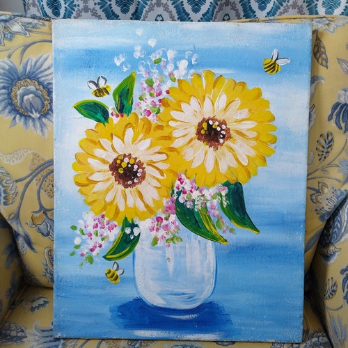 Original 16 X 20 Daisy Floral Bumble Bee Still Life Painting On Canvas ...