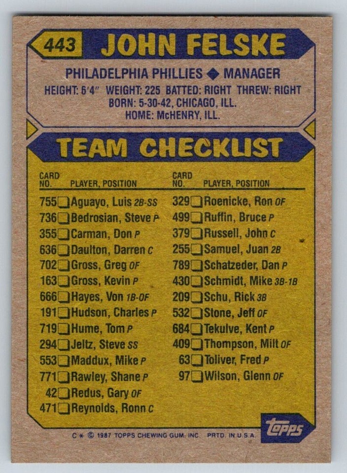 1987 Topps #443 John Felske - Philadelphia Phillies | eBay