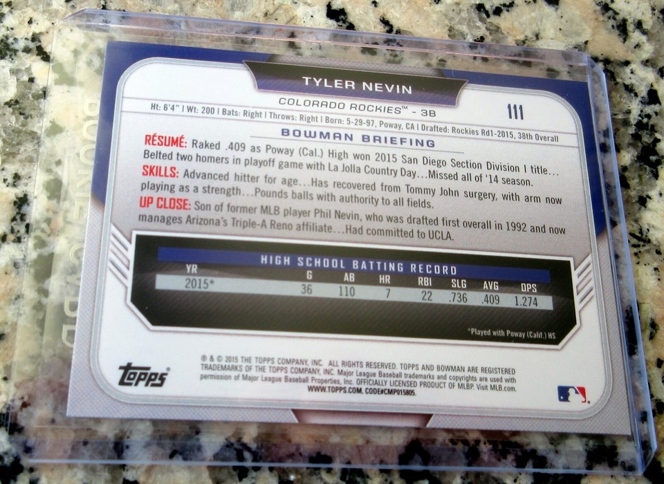 TYLER NEVIN 2015 Bowman #1 Draft Pick 1st TRUE Rookie Card RC HR Power ...