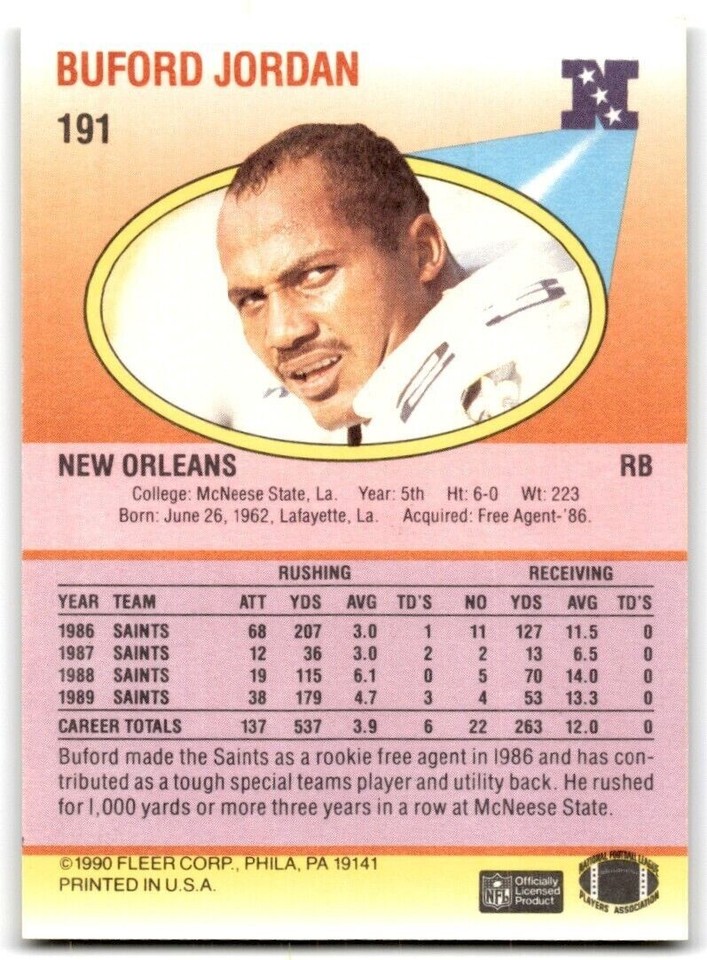 1990 Fleer Buford Jordan Rookie New Orleans Saints #191 | eBay