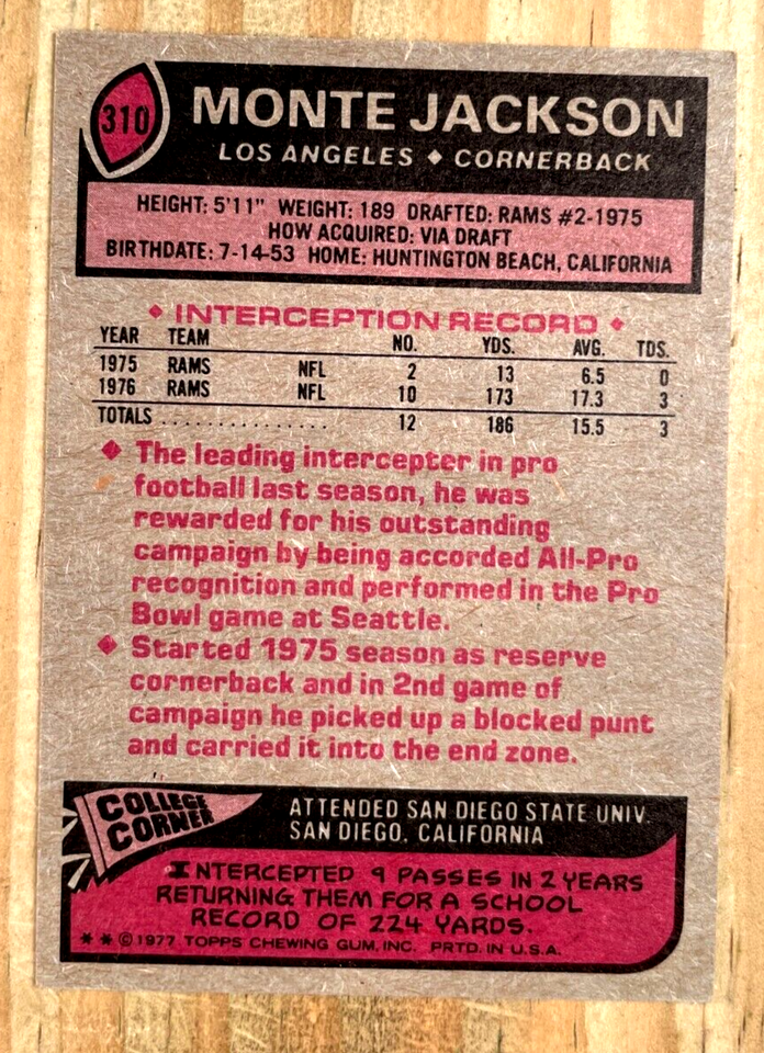 1977 TOPPS MONTE JACKSON 2ND YEAR CARD#310 LOS ANGELES RAMS RAIDERS SAN ...