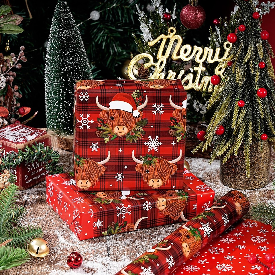Reversible Highland Cow Christmas Wrapping Paper - Mini Roll - 17 Inch ...