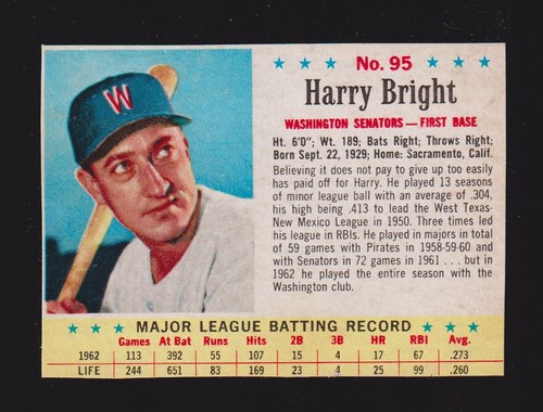 1963 POST CEREAL #95 Harry Bright WASHINGTON SENATORS EX A | eBay