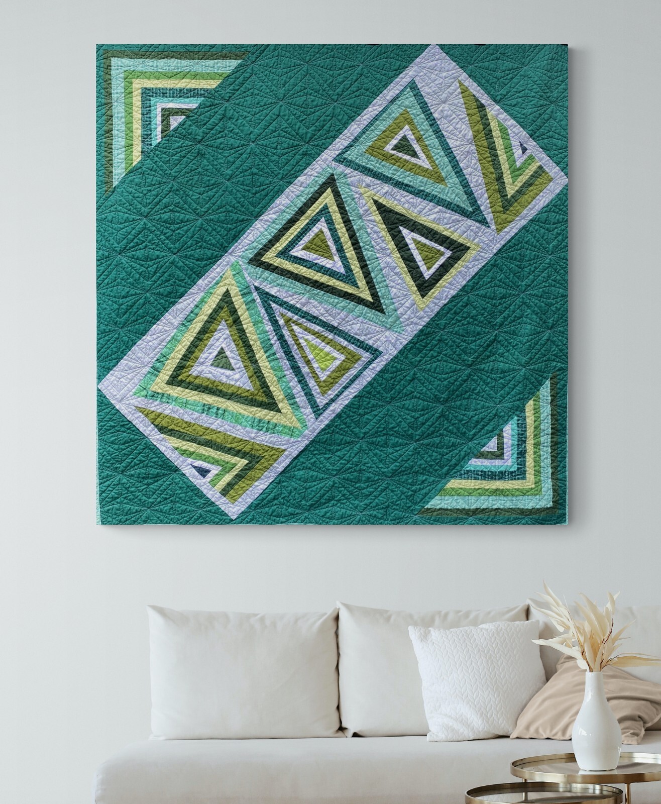 JADE GEOMETRY Modern Throw Quilt 56” x 56” Handmade. Cotton. Green triangles | eBay