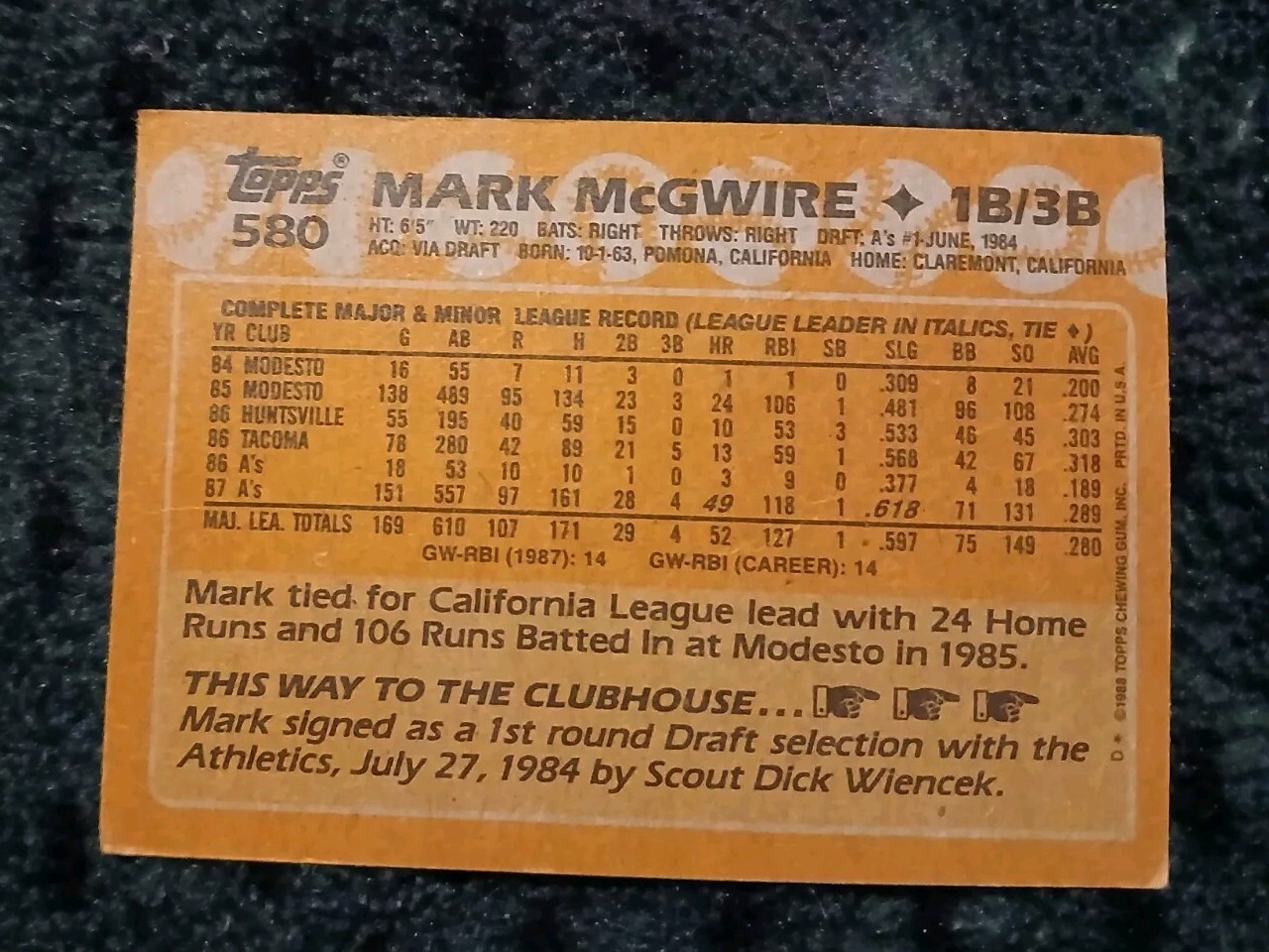 1988 Topps All-Star Rookie ***Multiple ERROR***#580 Mark McGwire ERROR ...
