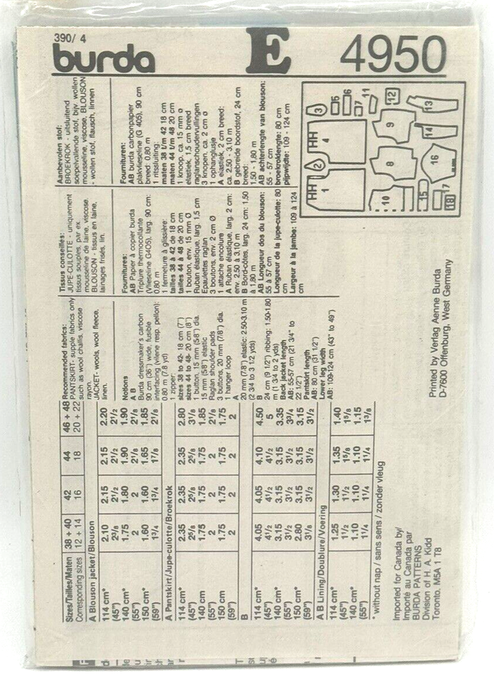 burda pattern 4950 - Ladies Blouson Jacket and Pantskirt - (Sizes 12-22 ...